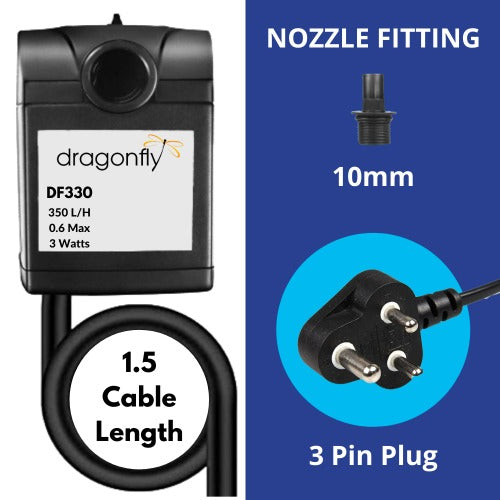 DRAGONFLY POND & FOUNTAIN PUMP 330 L/H 1.5M CABLE & 3 CORE PLUG– Waterhouse
